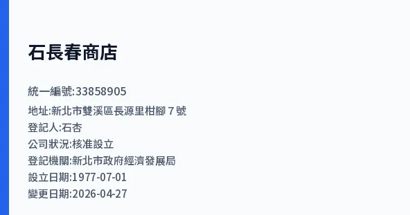石長春商店的照片-統編 33858905(新北市) 公司登記資料與營業項目詳細圖表