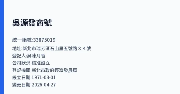 吳源發商號的照片-統編 33875019(新北市) 公司登記資料與營業項目詳細圖表