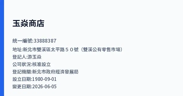 玉焱商店的照片-統編 33888387(新北市) 公司登記資料與營業項目詳細圖表
