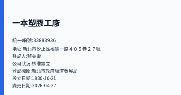 一本塑膠工廠的照片-統編 33888936(新北市) 公司登記資料與營業項目詳細圖表