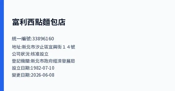 富利西點麵包店的照片-統編 33896160(新北市) 公司登記資料與營業項目詳細圖表