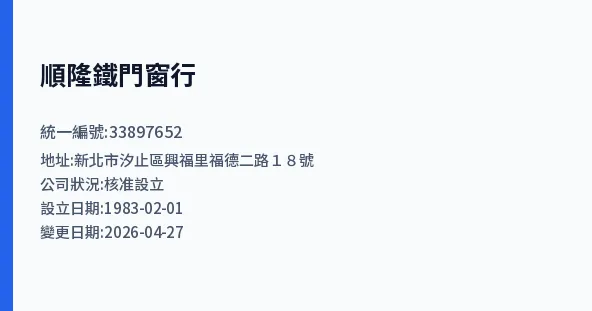 順隆鐵門窗行的照片-統編 33897652(新北市) 公司登記資料與營業項目詳細圖表