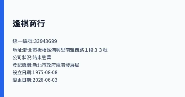 逢祺商行的照片-統編 33943699(新北市) 公司登記資料與營業項目詳細圖表