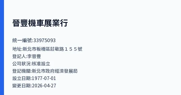 晉豐機車展業行的照片-統編 33975093(新北市) 公司登記資料與營業項目詳細圖表