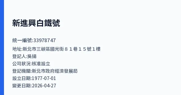 新進興白鐵號的照片-統編 33978747(新北市) 公司登記資料與營業項目詳細圖表