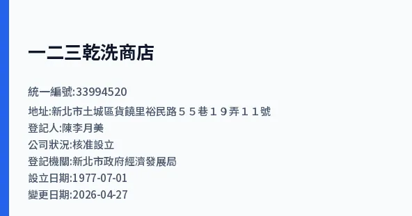 一二三乾洗商店的照片-統編 33994520(新北市) 公司登記資料與營業項目詳細圖表