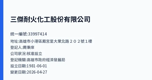 三傑耐火化工股份有限公司的照片-統編 33997414(高雄市) 公司登記資料與營業項目詳細圖表
