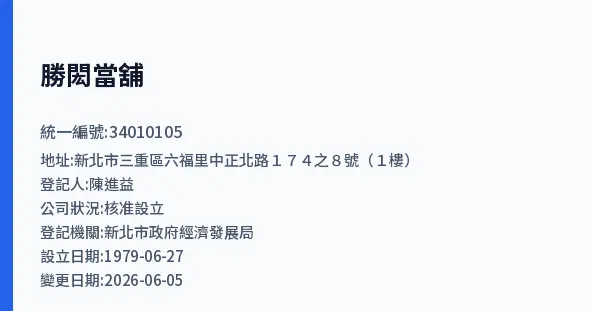 勝閎當舖的照片-統編 34010105(新北市) 公司登記資料與營業項目詳細圖表