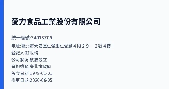愛力食品工業股份有限公司的照片-統編 34013709(臺北市) 公司登記資料與營業項目詳細圖表