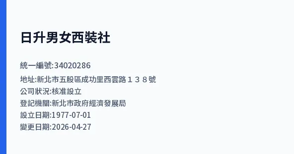 日升男女西裝社的照片-統編 34020286(新北市) 公司登記資料與營業項目詳細圖表