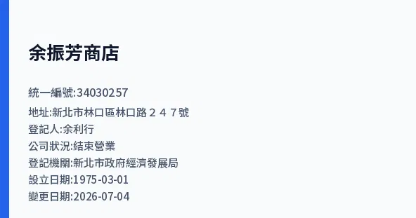 余振芳商店的照片-統編 34030257(新北市) 公司登記資料與營業項目詳細圖表