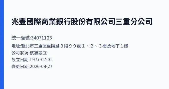 兆豐國際商業銀行股份有限公司三重分公司的照片-統編 34071123(新北市) 公司登記資料與營業項目詳細圖表