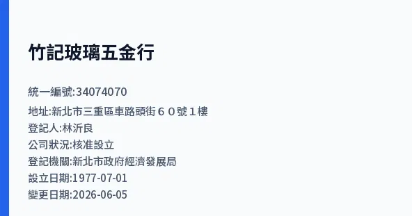 竹記玻璃五金行的照片-統編 34074070(新北市) 公司登記資料與營業項目詳細圖表