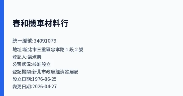 春和機車材料行的照片-統編 34091079(新北市) 公司登記資料與營業項目詳細圖表
