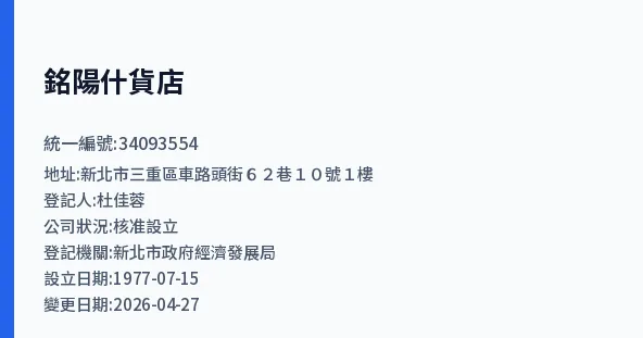 銘陽什貨店的照片-統編 34093554(新北市) 公司登記資料與營業項目詳細圖表