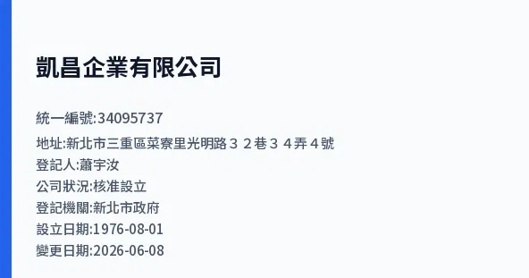 凱昌企業有限公司的照片-統編 34095737(新北市) 公司登記資料與營業項目詳細圖表