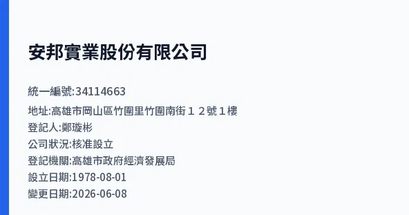 安邦實業股份有限公司的照片-統編 34114663(高雄市) 公司登記資料與營業項目詳細圖表