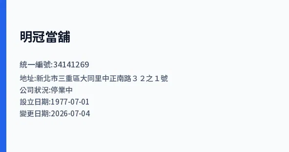 明冠當舖的照片-統編 34141269(新北市) 公司登記資料與營業項目詳細圖表