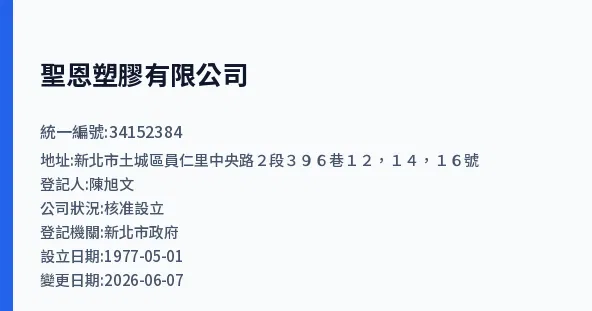 聖恩塑膠有限公司的照片-統編 34152384(新北市) 公司登記資料與營業項目詳細圖表