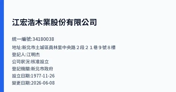 江宏浩木業股份有限公司的照片-統編 34180038(新北市) 公司登記資料與營業項目詳細圖表