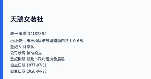 天鵝女裝社的照片-統編 34182394(新北市) 公司登記資料與營業項目詳細圖表