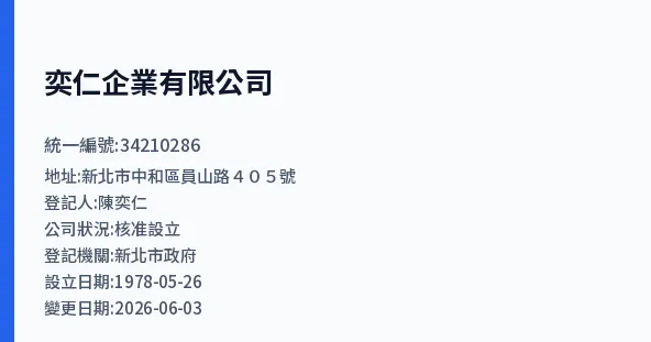 奕仁企業有限公司的照片-統編 34210286(新北市) 公司登記資料與營業項目詳細圖表