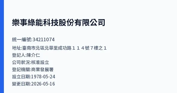 樂事綠能科技股份有限公司的照片-統編 34211074(臺南市) 公司登記資料與營業項目詳細圖表