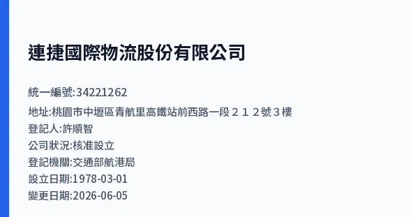 連捷國際物流股份有限公司的照片-統編 34221262(桃園市) 公司登記資料與營業項目詳細圖表