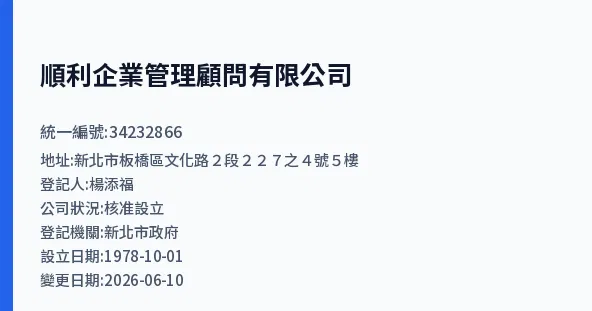 順利企業管理顧問有限公司的照片-統編 34232866(新北市) 公司登記資料與營業項目詳細圖表