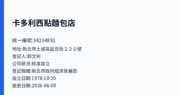 卡多利西點麵包店的照片-統編 34234891(新北市) 公司登記資料與營業項目詳細圖表