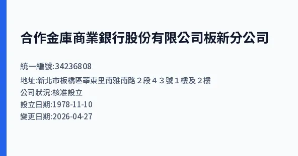 合作金庫商業銀行股份有限公司板新分公司的照片-統編 34236808(新北市) 公司登記資料與營業項目詳細圖表