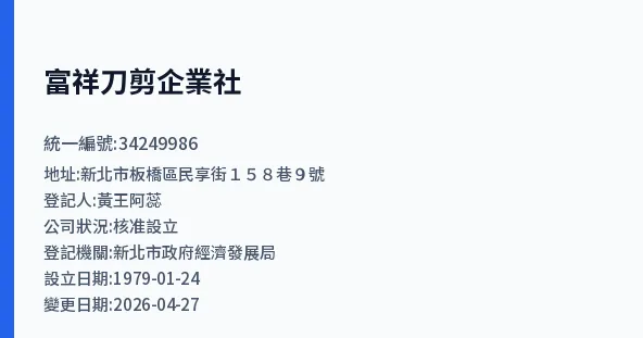 富祥刀剪企業社的照片-統編 34249986(新北市) 公司登記資料與營業項目詳細圖表