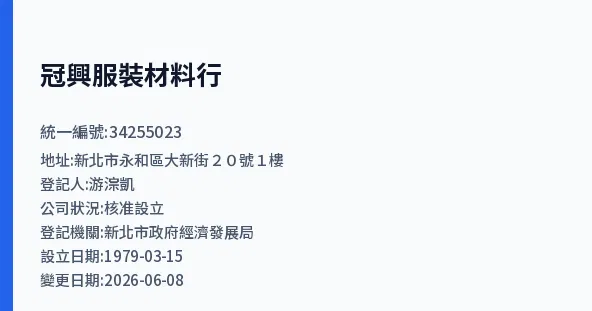 冠興服裝材料行的照片-統編 34255023(新北市) 公司登記資料與營業項目詳細圖表