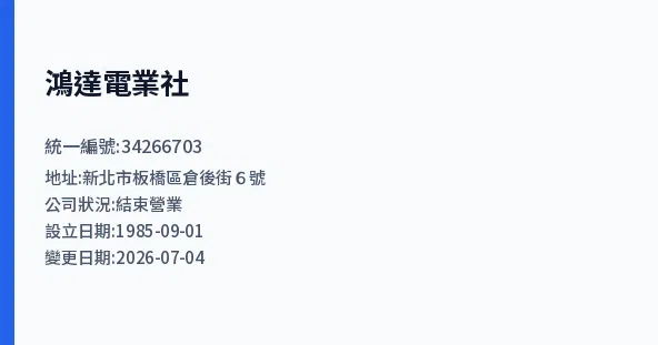 鴻達電業社的照片-統編 34266703(新北市) 公司登記資料與營業項目詳細圖表