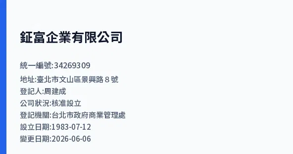 鉦富企業有限公司的照片-統編 34269309(臺北市) 公司登記資料與營業項目詳細圖表