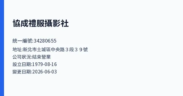 協成禮服攝影社的照片-統編 34280655(新北市) 公司登記資料與營業項目詳細圖表