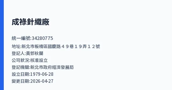成祿針織廠的照片-統編 34280775(新北市) 公司登記資料與營業項目詳細圖表