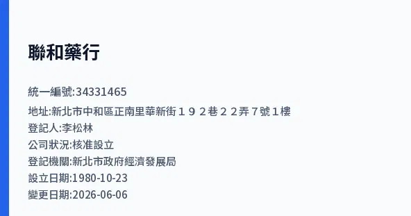 聯和藥行的照片-統編 34331465(新北市) 公司登記資料與營業項目詳細圖表