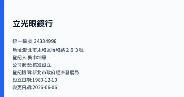 立光眼鏡行的照片-統編 34334998(新北市) 公司登記資料與營業項目詳細圖表