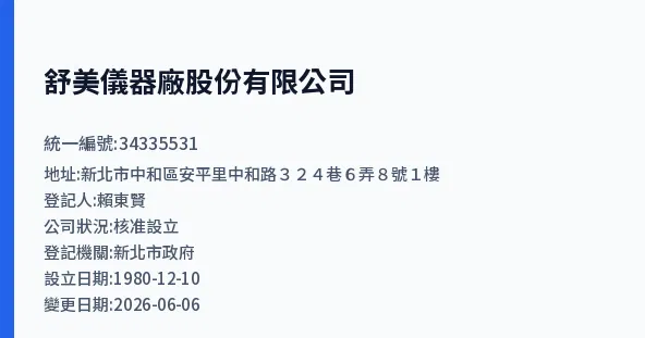 舒美儀器廠股份有限公司的照片-統編 34335531(新北市) 公司登記資料與營業項目詳細圖表