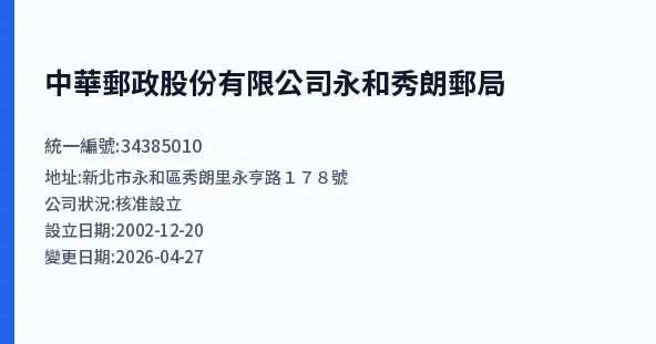 中華郵政股份有限公司永和秀朗郵局的照片-統編 34385010(新北市) 公司登記資料與營業項目詳細圖表