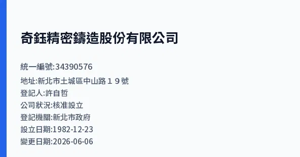 奇鈺精密鑄造股份有限公司的照片-統編 34390576(新北市) 公司登記資料與營業項目詳細圖表