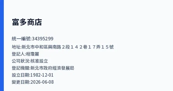 富多商店的照片-統編 34395299(新北市) 公司登記資料與營業項目詳細圖表