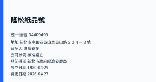 隆松紙品號的照片-統編 34409499(新北市) 公司登記資料與營業項目詳細圖表