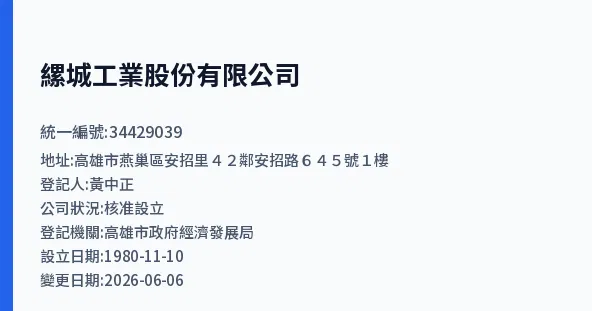 縲城工業股份有限公司的照片-統編 34429039(高雄市) 公司登記資料與營業項目詳細圖表