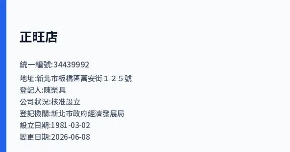 正旺店的照片-統編 34439992(新北市) 公司登記資料與營業項目詳細圖表