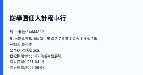 謝學團個人計程車行的照片-統編 34444812(新北市) 公司登記資料與營業項目詳細圖表