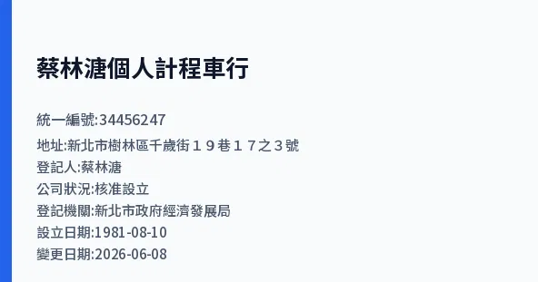 蔡林溏個人計程車行的照片-統編 34456247(新北市) 公司登記資料與營業項目詳細圖表