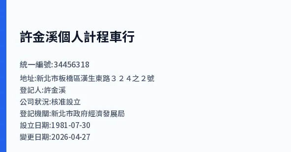 許金溪個人計程車行的照片-統編 34456318(新北市) 公司登記資料與營業項目詳細圖表