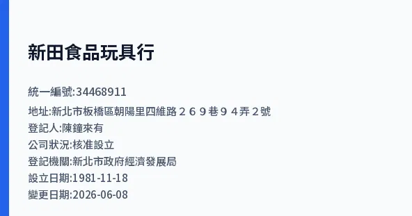 新田食品玩具行的照片-統編 34468911(新北市) 公司登記資料與營業項目詳細圖表